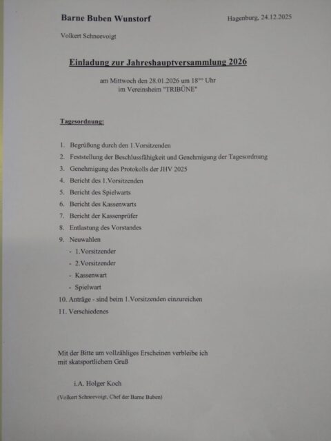Jahreshauptversammlung / JHV im Jahr 2026 – Verein 03.30.046